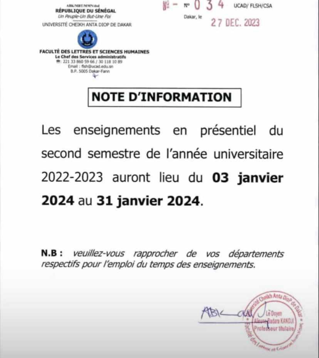 UCAD : Reprise des cours en présentiel (document) - Xibaaru